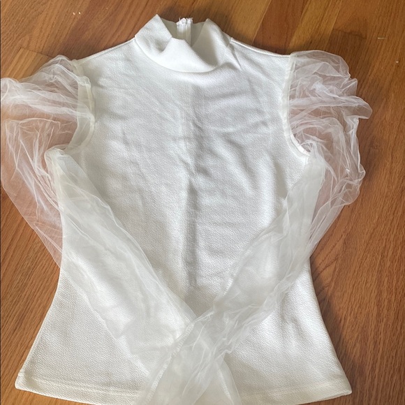 Tops | Elegant White Sheer Sleeve Top | Poshmark